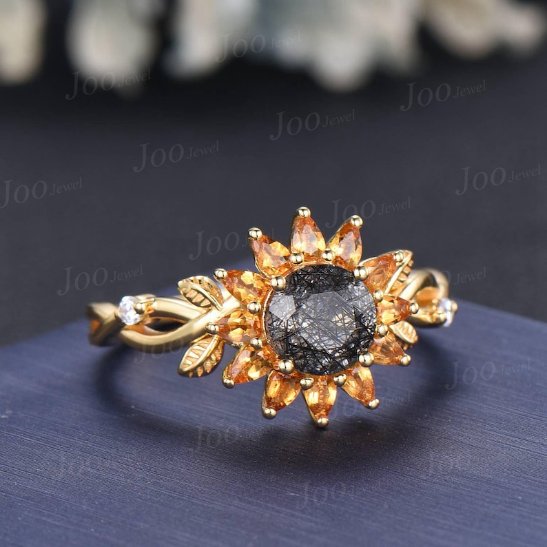 Sunflower Wedding Ring Solid 10K Gold Natural Citrine Black Rutilated ...