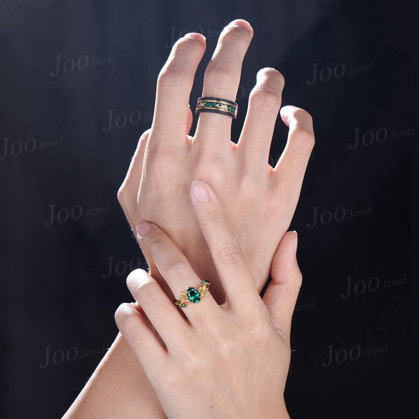 Green Emerald & Meteorite Gold Leaf Couples Ring-his and Hers Wedding ...