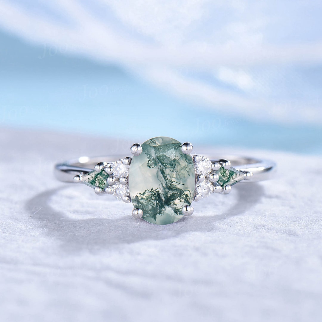 1.5ct Oval Natural Moss Agate Engagement Rings Sterling Silver Cluster ...