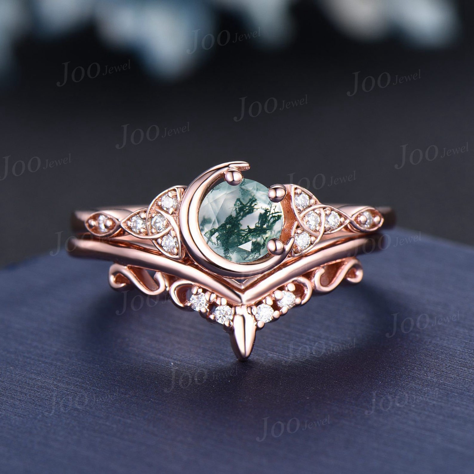 5mm Round Cut Natural Moss Agate Moon Wedding Ring Set Vintage Celtic ...