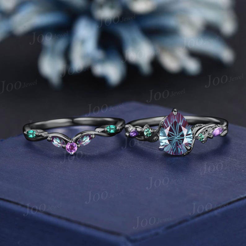 1.25CT Fireworks Cut Color-change Alexandrite Black Gold Wedding Ring ...
