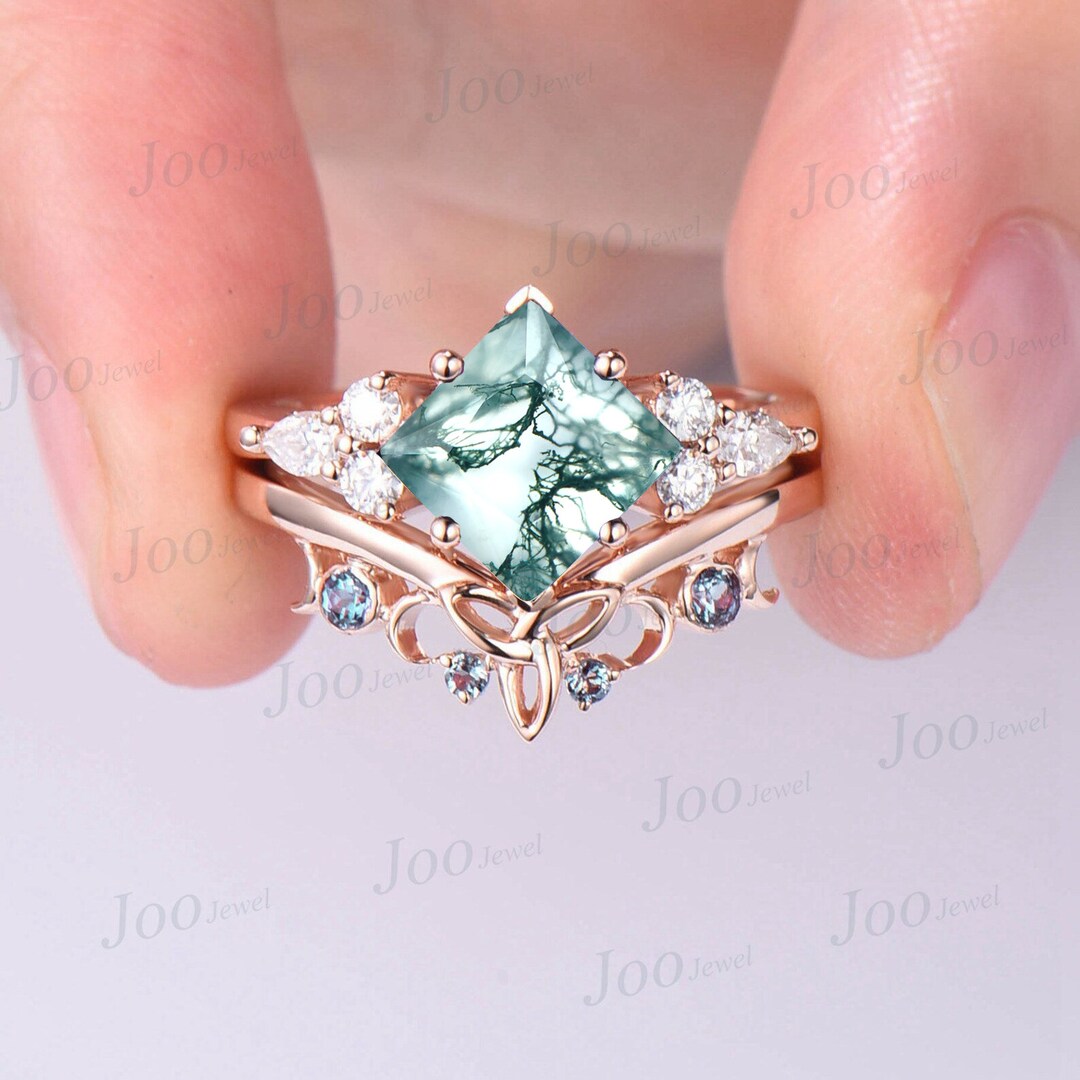Princess Cut Natural Moss Agate Engagement Rings Vintage - Etsy
