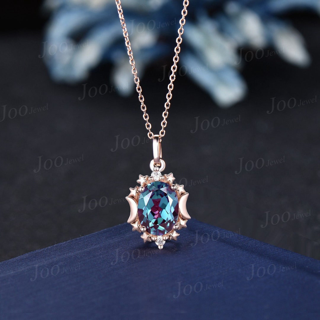 Oval Alexandrite Necklace 14K Rose Gold Moon Star Halo Wedding Necklace ...