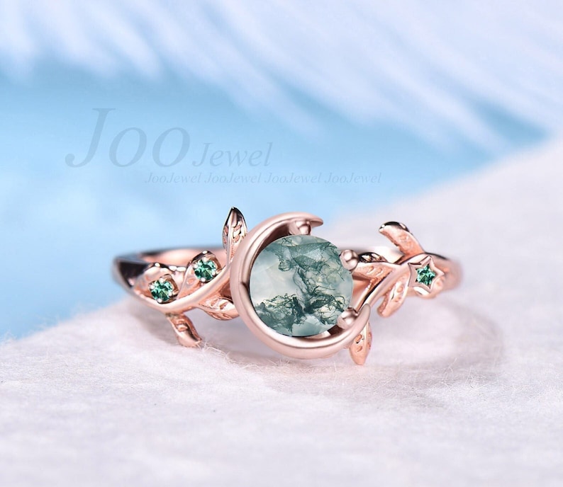 Nature Inspired Natural Moss Agate Ring Moon Star Design - Etsy