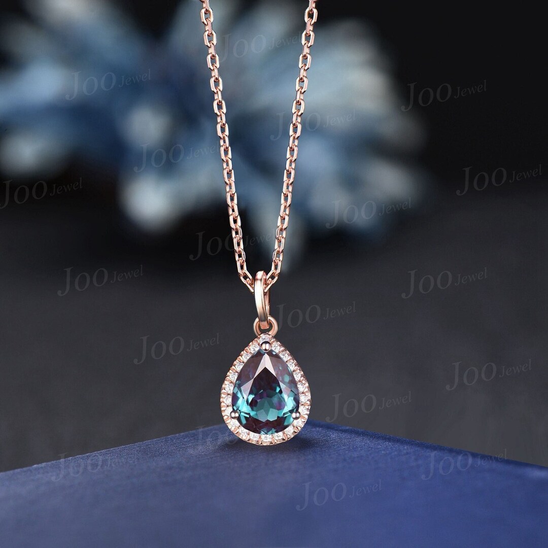 Pear Cut Color-change Alexandrite Necklace Solid 14K/18K Rose Gold June ...