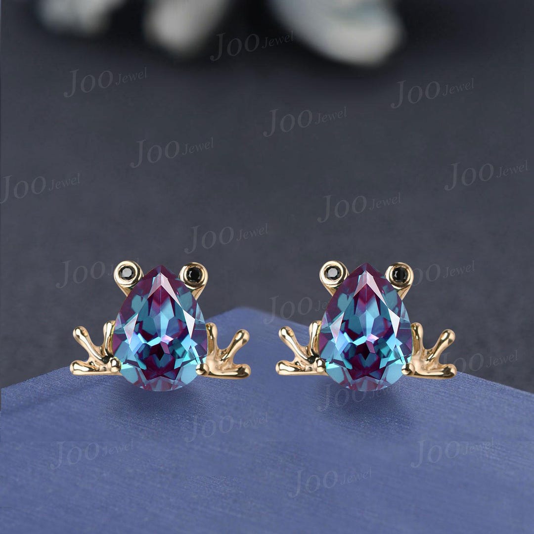 14K Solid Gold Cute Frog Stud Earrings-1.25ct Color-change Alexandrite Earrings-pear Alexandrite ...