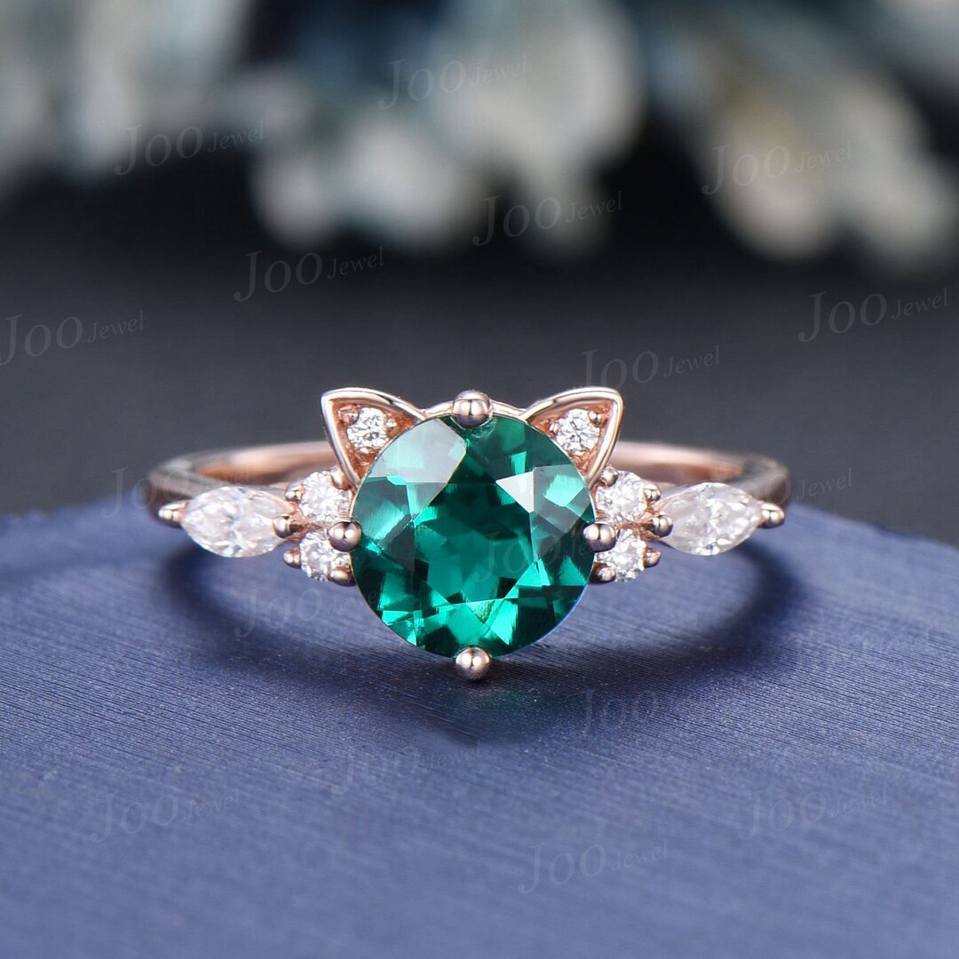 Peekaboo Kitten Cat Engagement Ring Vintage 1.2ct Round Cut Green ...