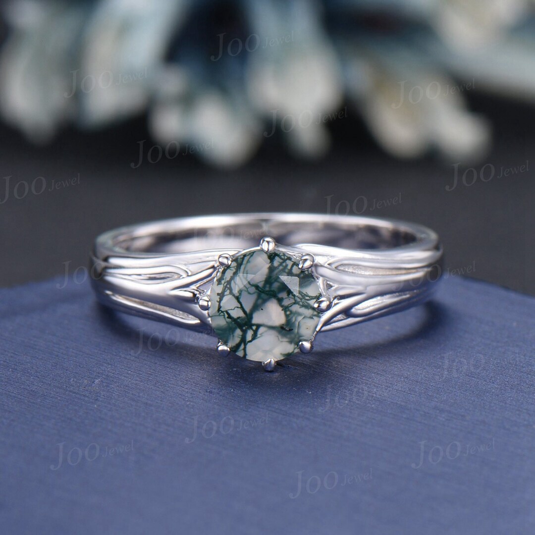 Tree of Life Engagement Ring Round Cut Natural Green Moss Agate ...