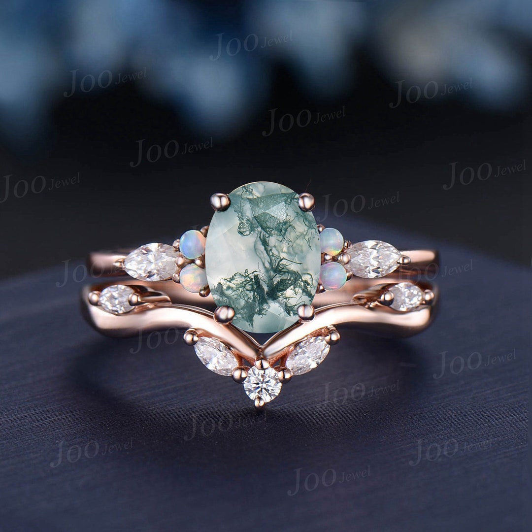 1.5ct Oval Cut Natural Moss Agate Engagement Ring Set 10K Rose Gold ...