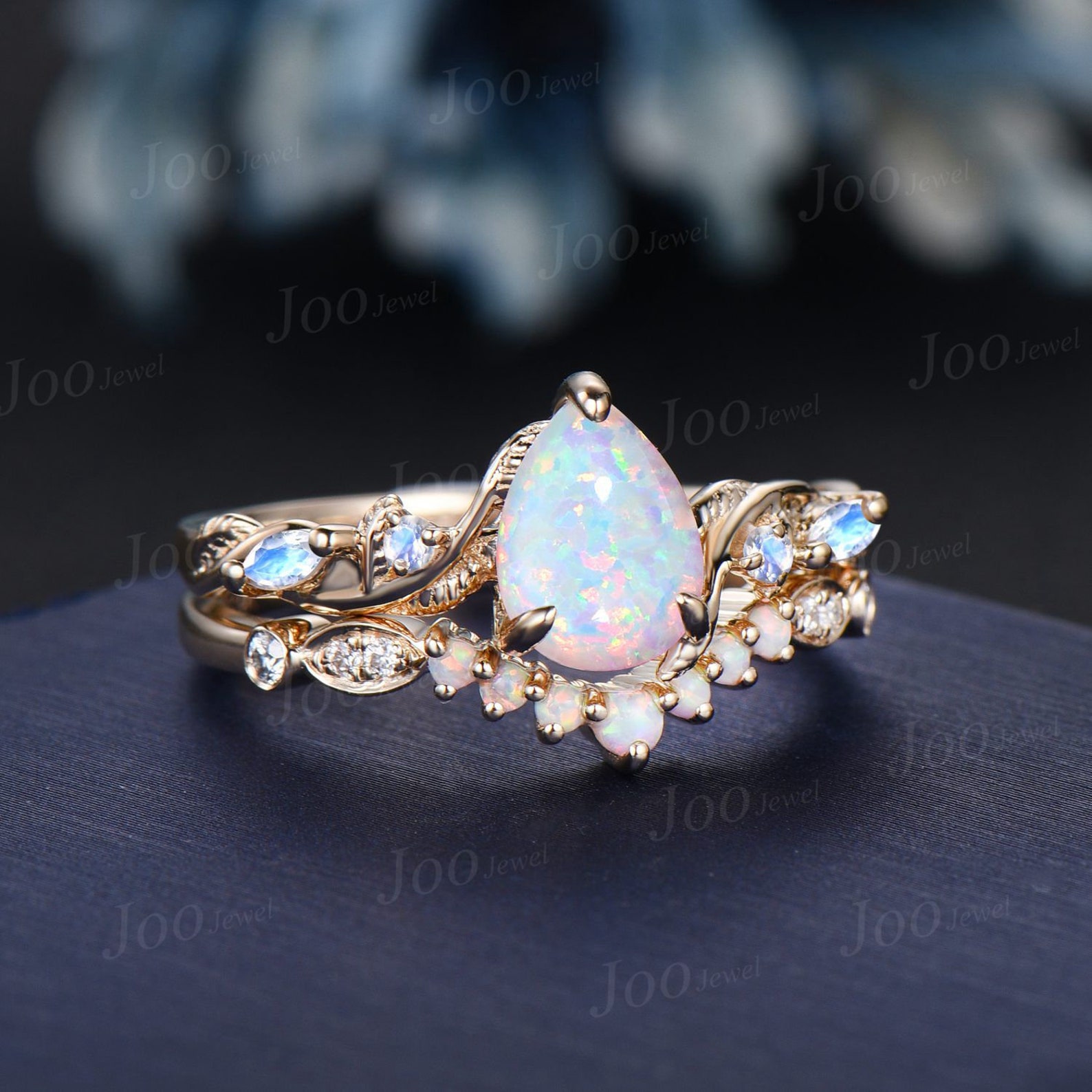 Twig Branch White Opal Ring Set 10K Gold 1.25ct Pear Fire Opal ...
