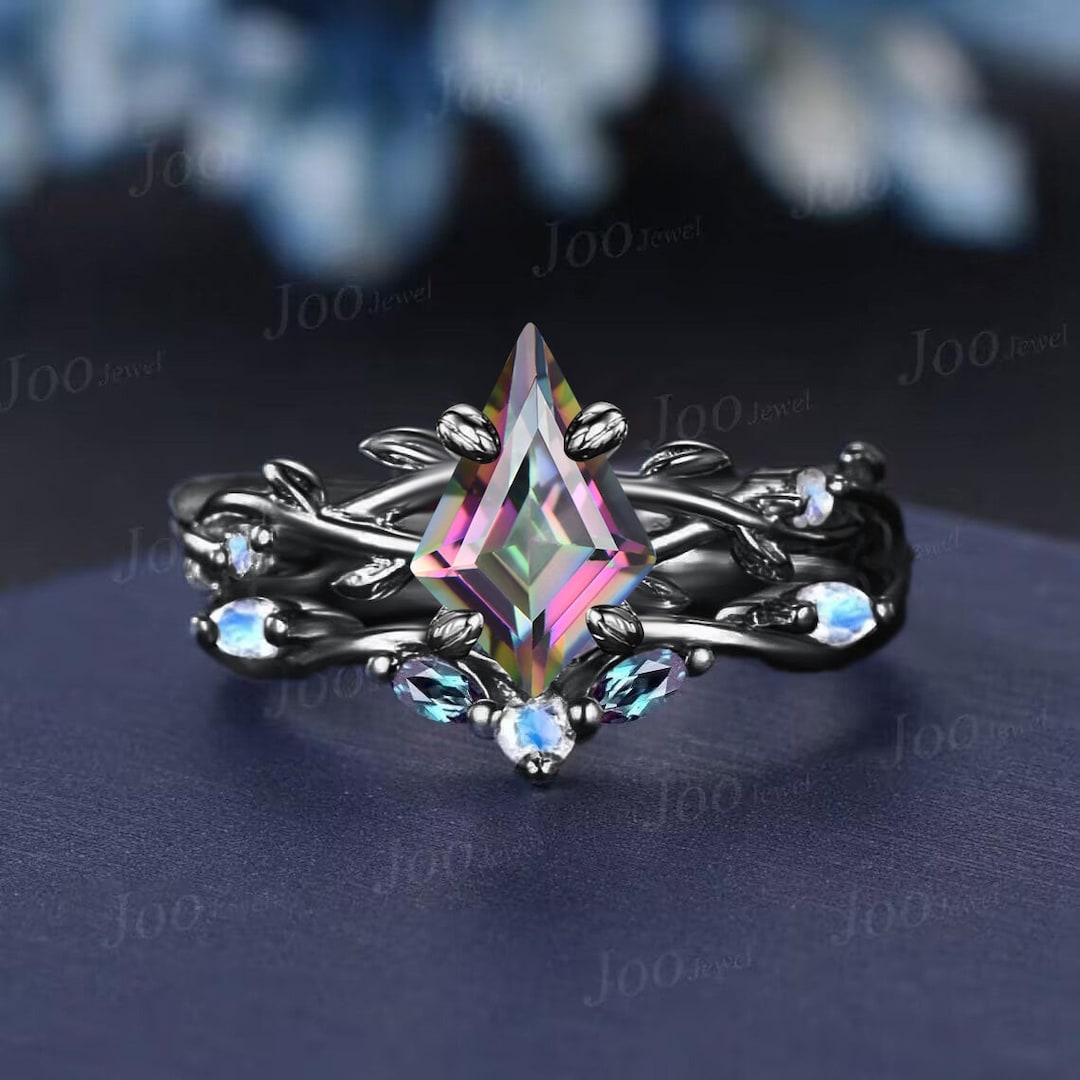 Black Gold Rainbow Mystic Topaz Moonstone Wedding Ring Set Kite Cut ...