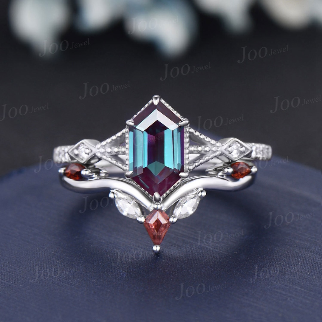 Retro Long Hexagon Alexandrite Ring Set,vintage Unique Sterling Silver ...