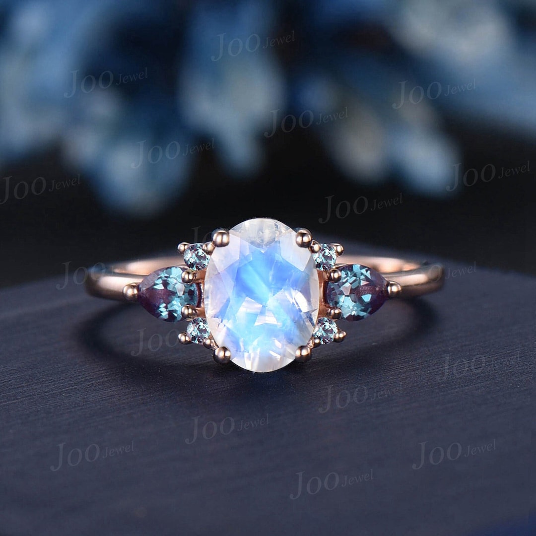 1.5ct Oval Natural Blue Moonstone Engagement Ring Vintage Color-change ...