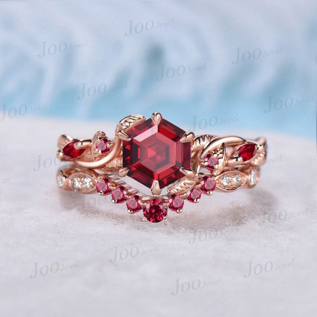 Nature Inspired Twist Ruby Ring Set Rose Gold 1ct Hexagon Branch Red ...