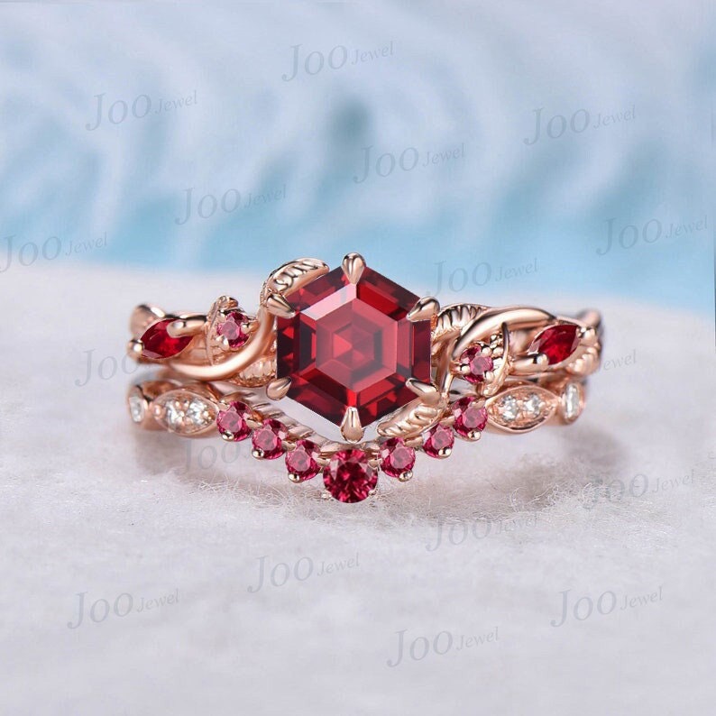 Nature Inspired Twist Ruby Ring Set Rose Gold 1ct Hexagon - Etsy