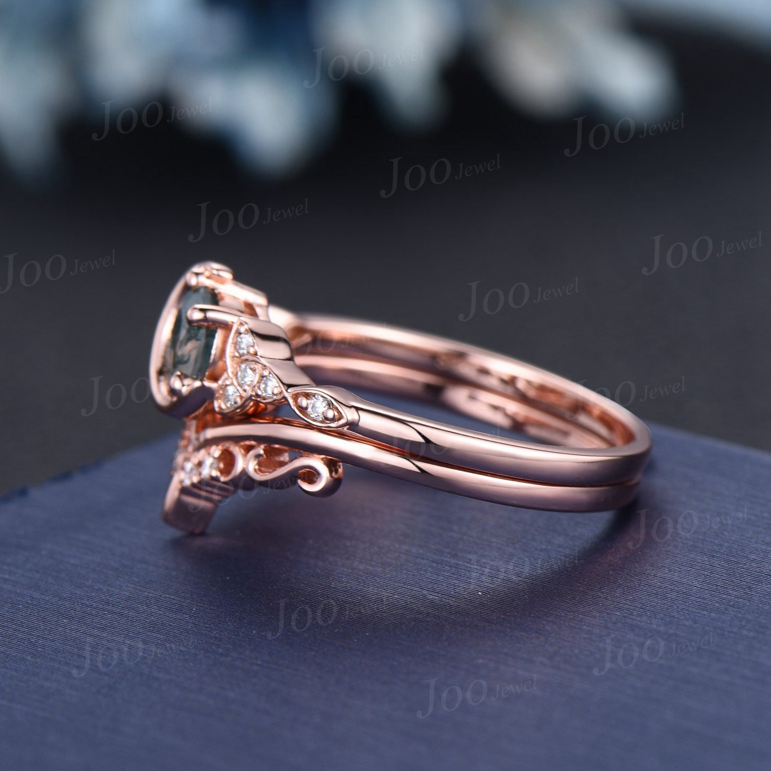 5mm Round Cut Natural Moss Agate Moon Wedding Ring Set Vintage Celtic ...