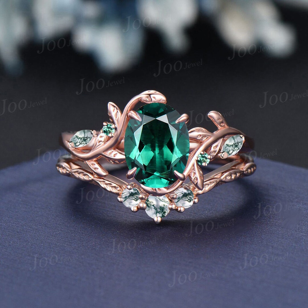 Twig Vine Green Emerald Ring Set Rose Gold 1.5ct Oval Emerald Moss Agate Wedding Ring Nature ...