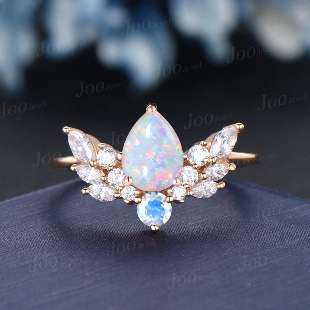 Pear Cut White Opal Ring Angel Wing Design Moissanite Opal - Etsy