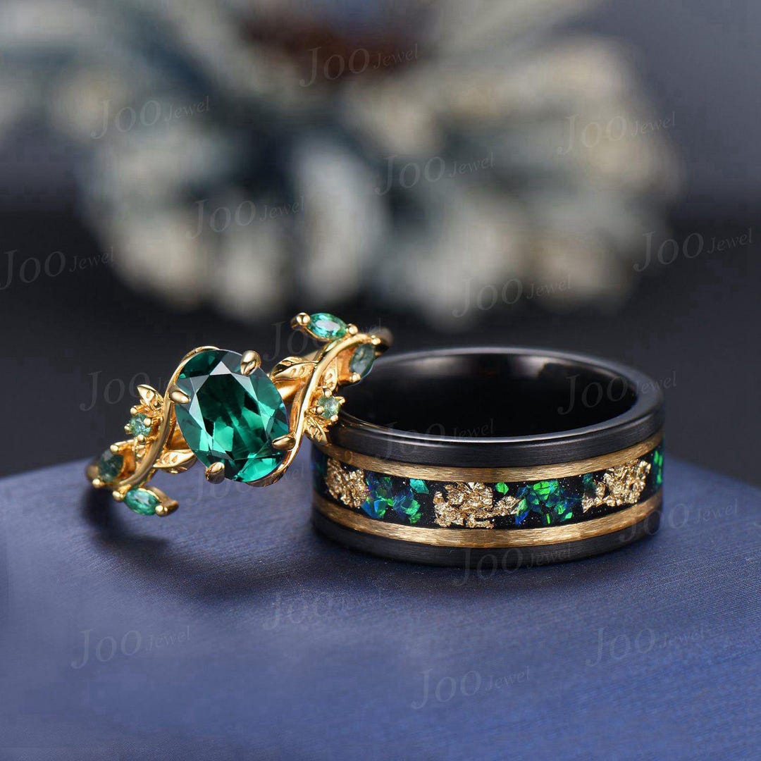 Green Emerald & Meteorite Gold Leaf Couples Ring-his and Hers Wedding ...