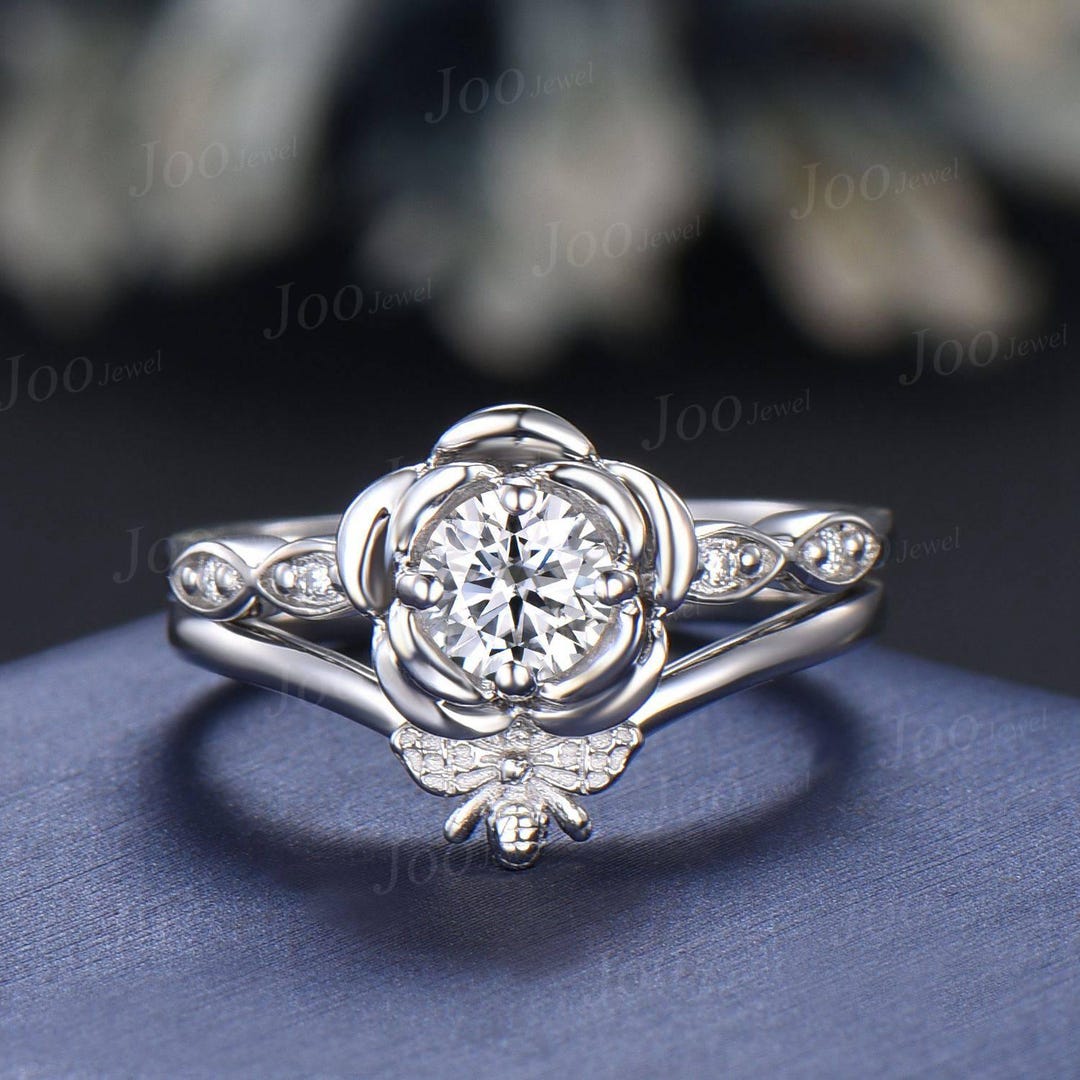 Rose Flower Bee Bridal Ring Round Cut Lab-grown Diamond Floral ...