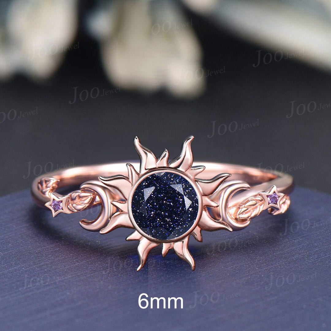 Round Cut Galaxy Blue Sandstone Sun Leaf Engagement Ring Celestial ...