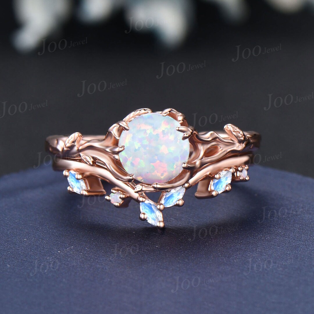 Twig Vine White Fire Opal Solitaire Wedding Rings 14K Rose Gold ...