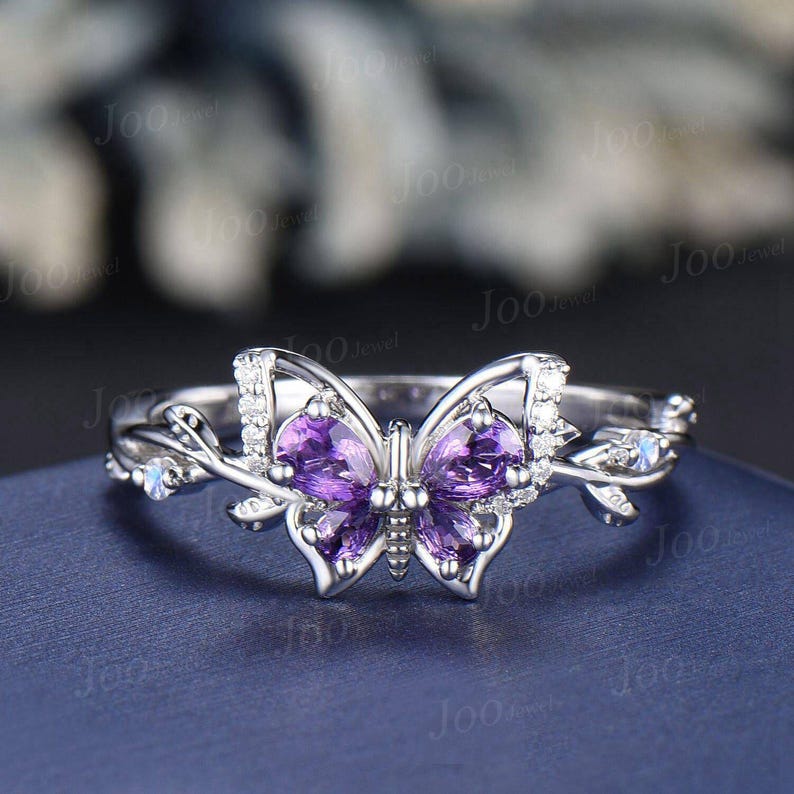 Nature Inspired Butterfly Promise Ring Pear Natural Amethyst Ring ...