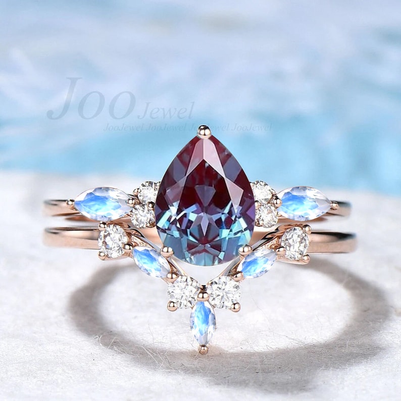 1.25ct Teardrop Color-change Alexandrite Moonstone Wedding Ring Set ...