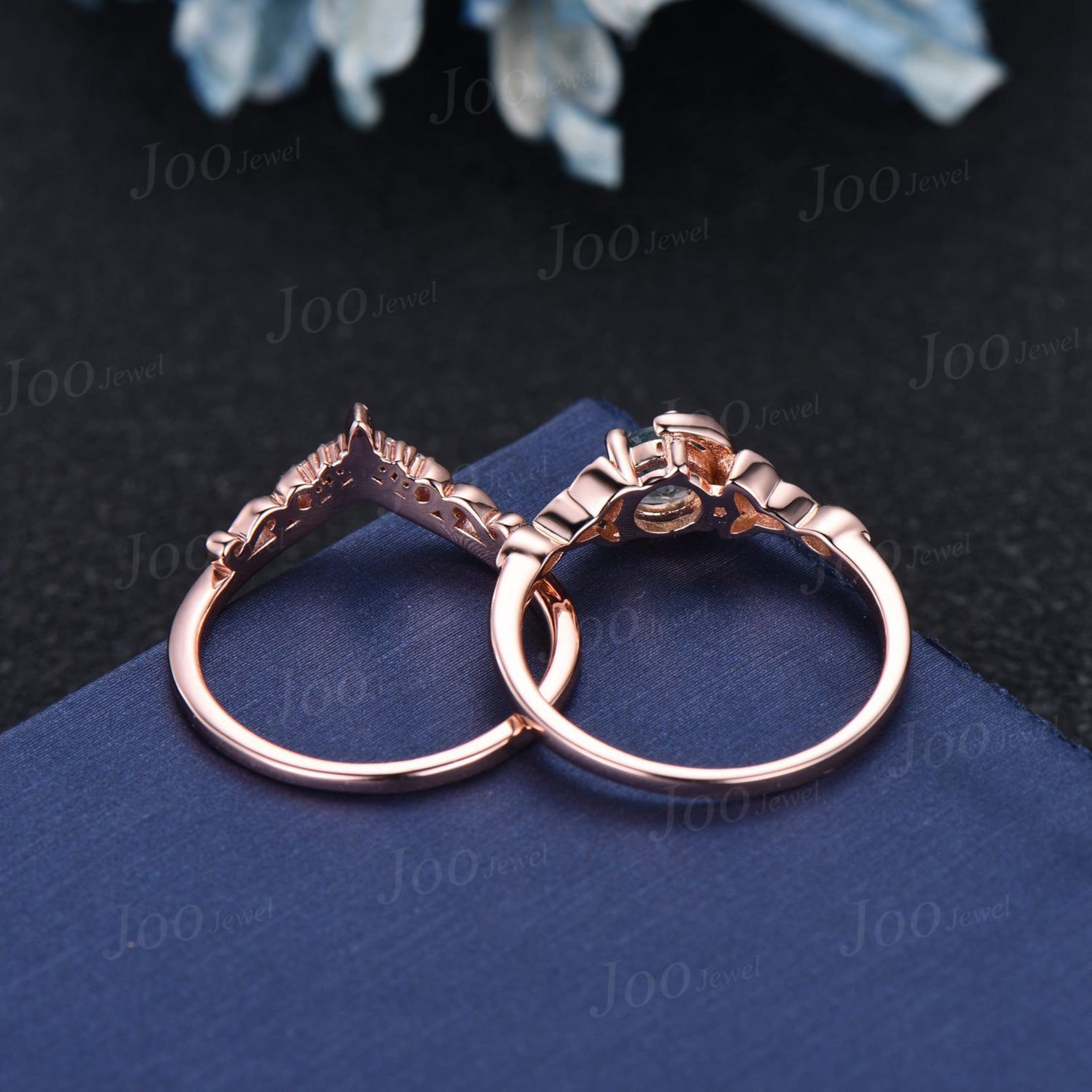 5mm Round Cut Natural Moss Agate Moon Wedding Ring Set Vintage Celtic ...