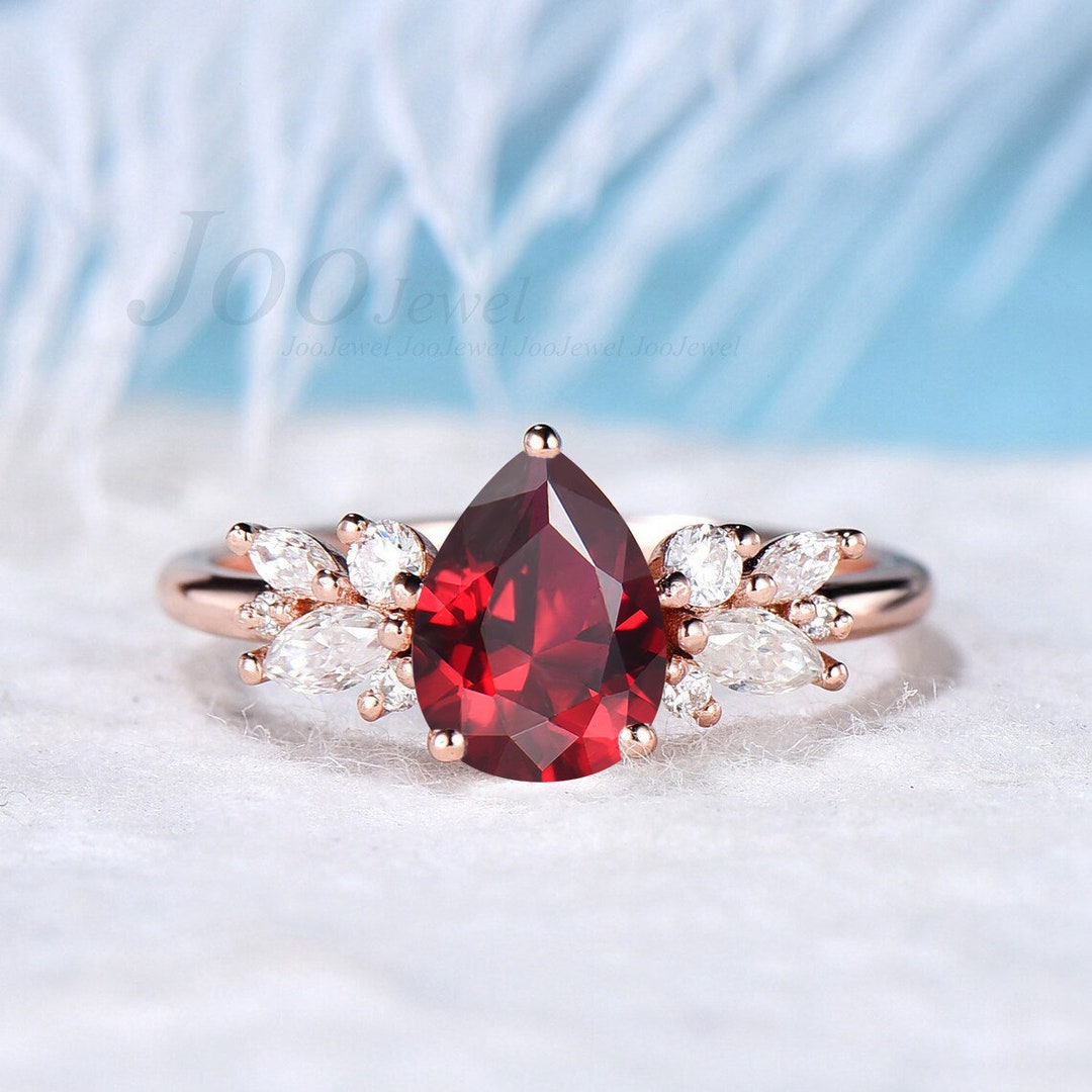 1.25ct Pear Shaped Ruby Engagement Ring 10K Rose Gold Cluster Red ...