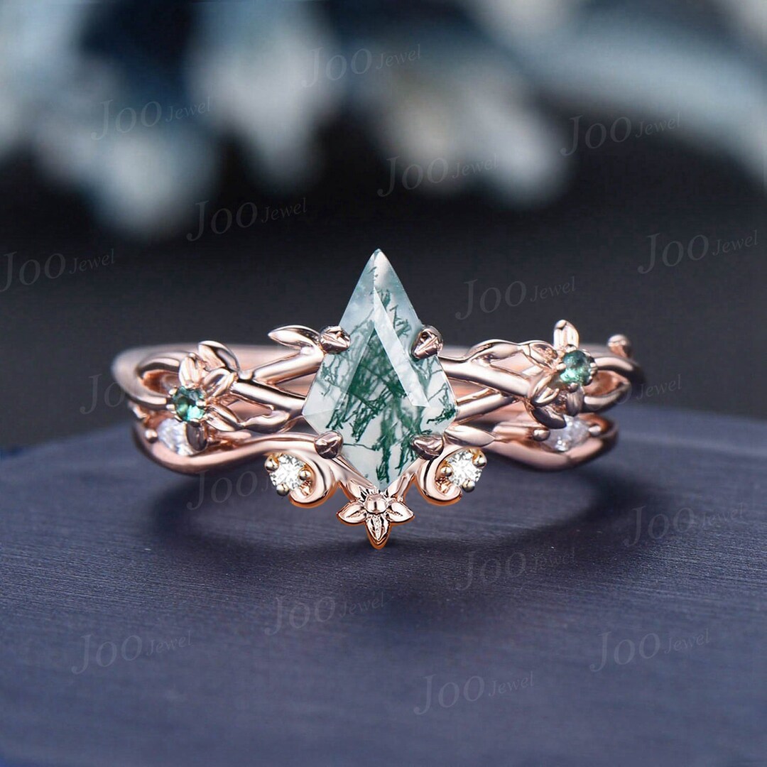 1ct Nature Inspired Floral Bridal Set Kite Moss Agate Emerald ...