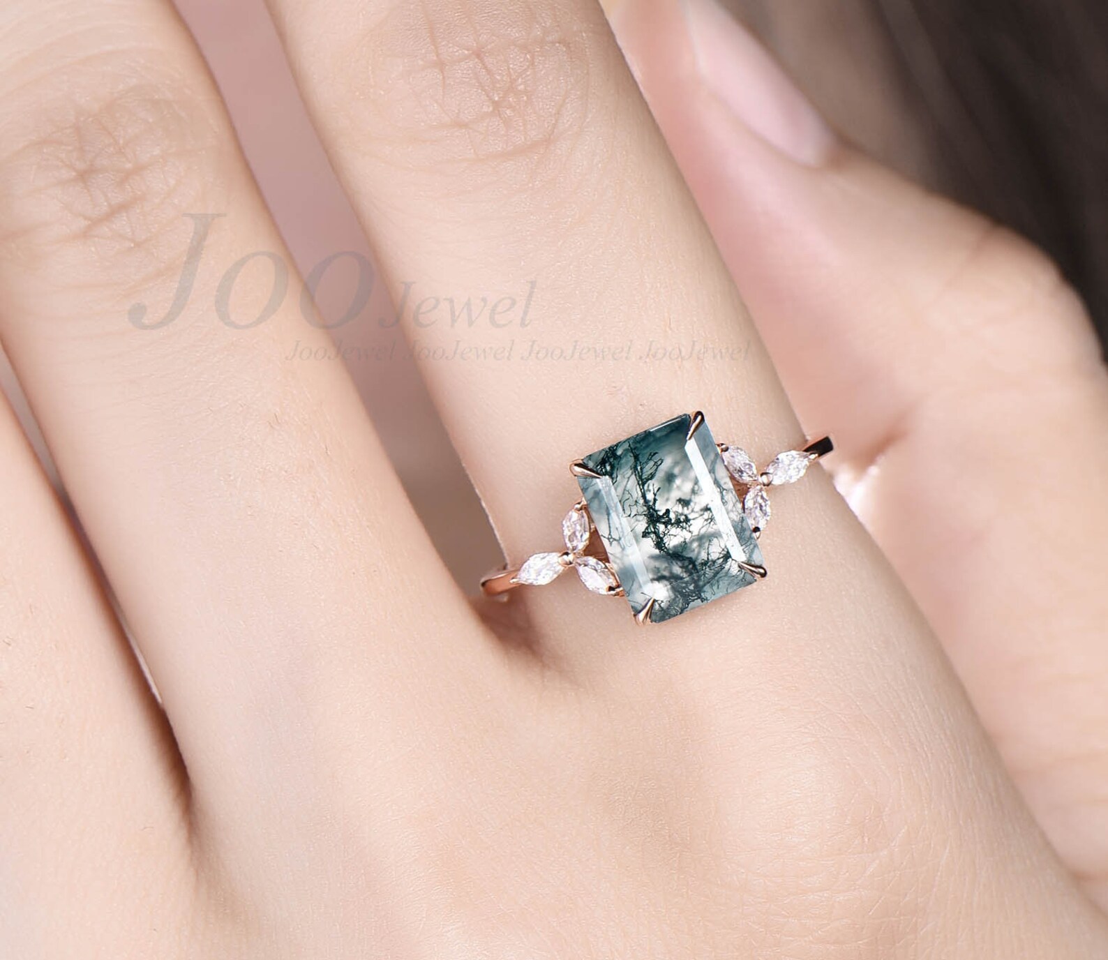 Green Moss Agate Ring Unique Vintage 7x9mm Emerald Cut Moss Agate ...