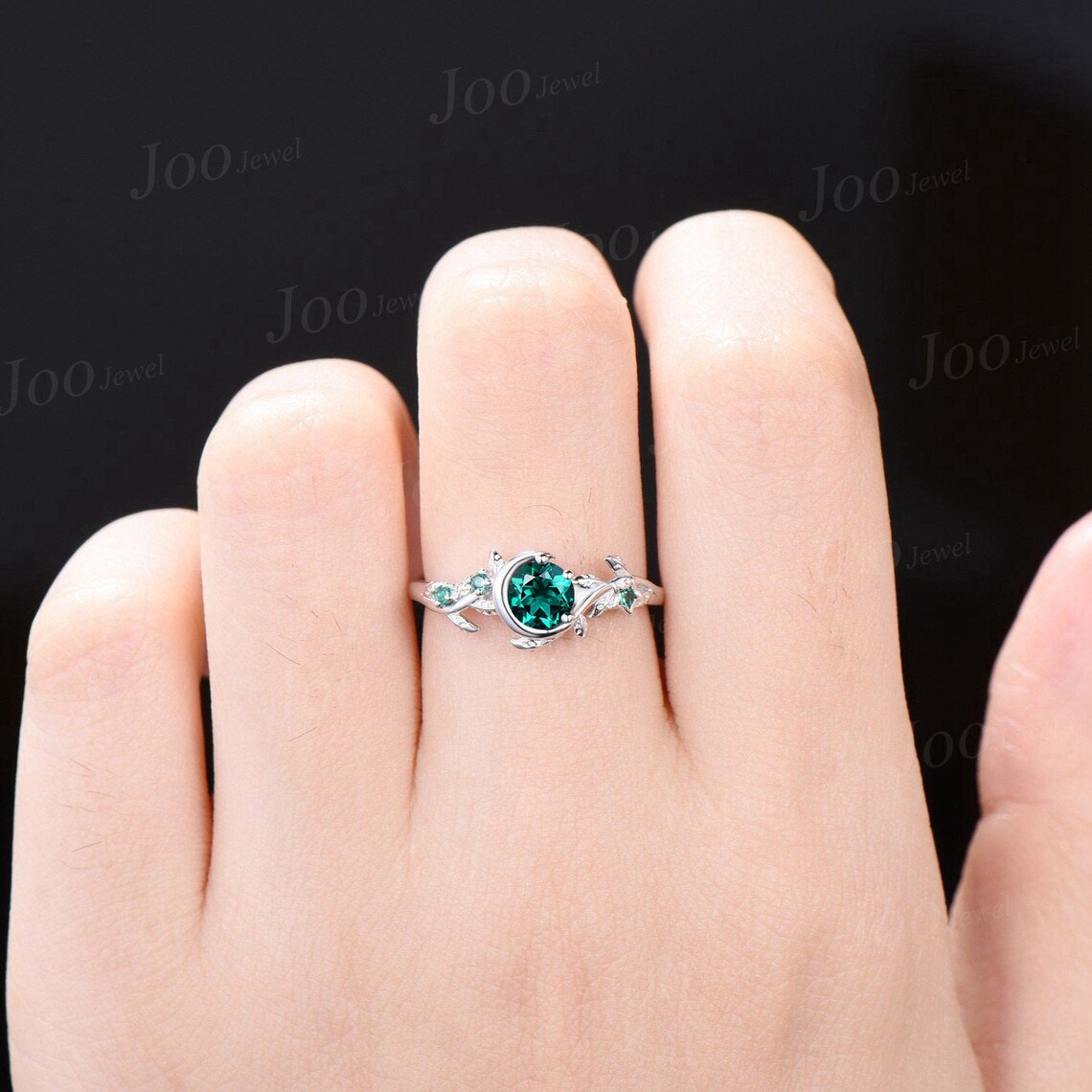 Moon Star Design Round Emerald Promise Ring 10K White Gold Nature ...