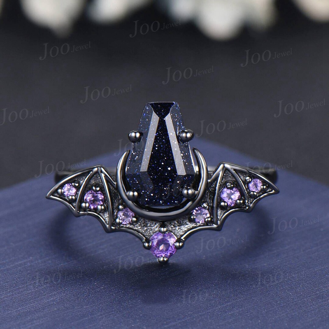 Coffin Cut Galaxy Starry Night Blue Sandstone Amethyst Bridal Ring ...