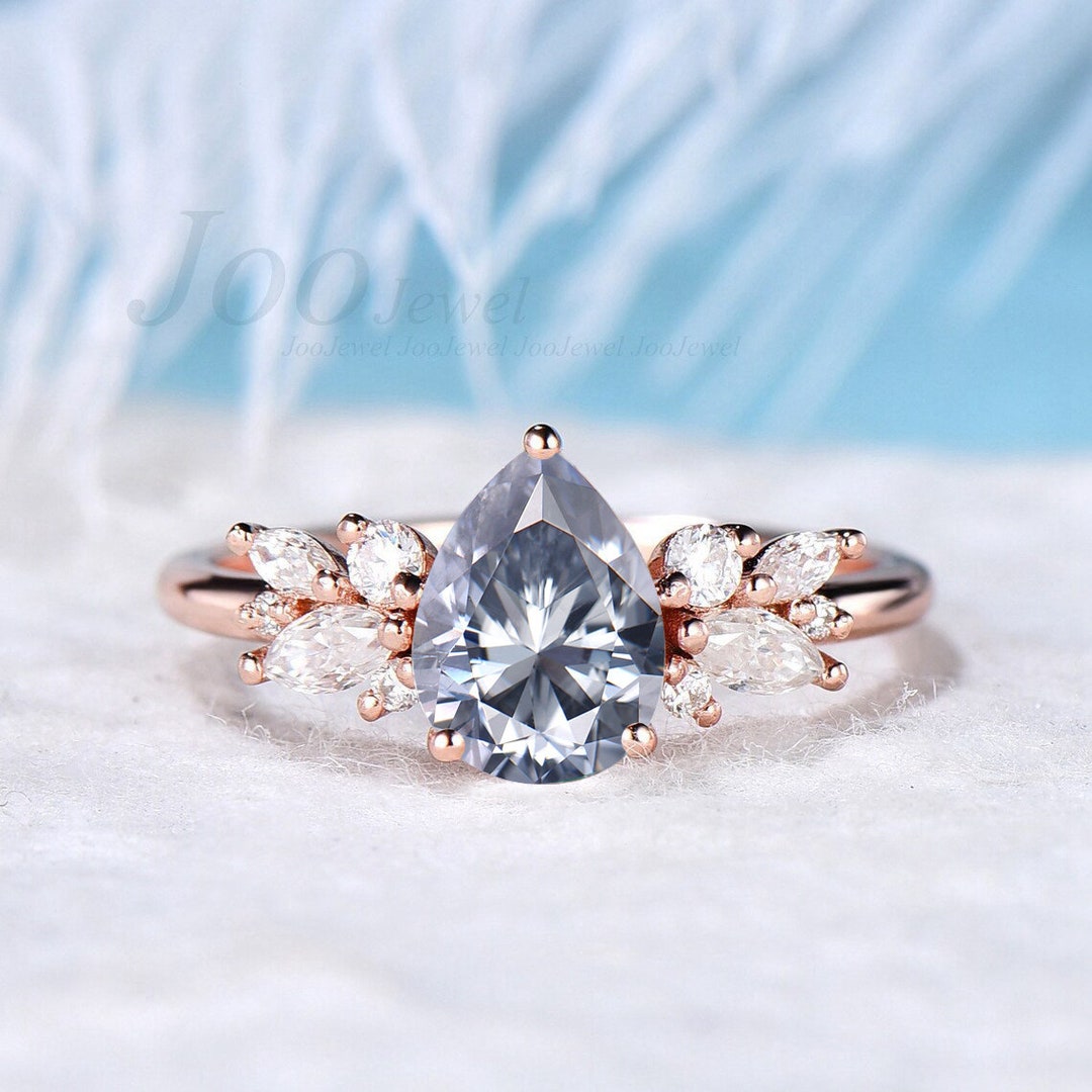 Gray Diamond Engagement Ring 1.25ct Pear Shaped Gray Moissanite Cluster ...