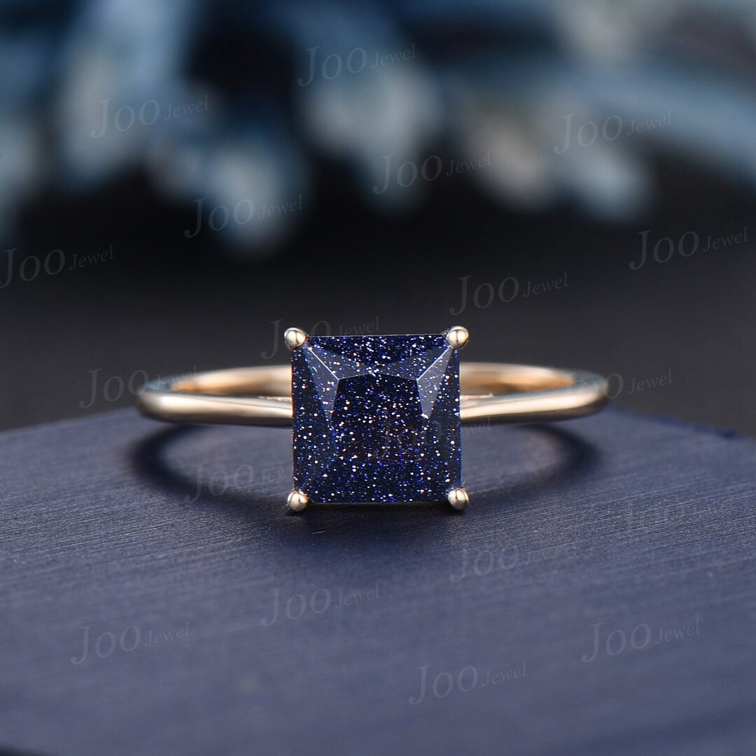 Princess Cut Galaxy Starry Sky Blue Sandstone Engagement Ring Delicate ...