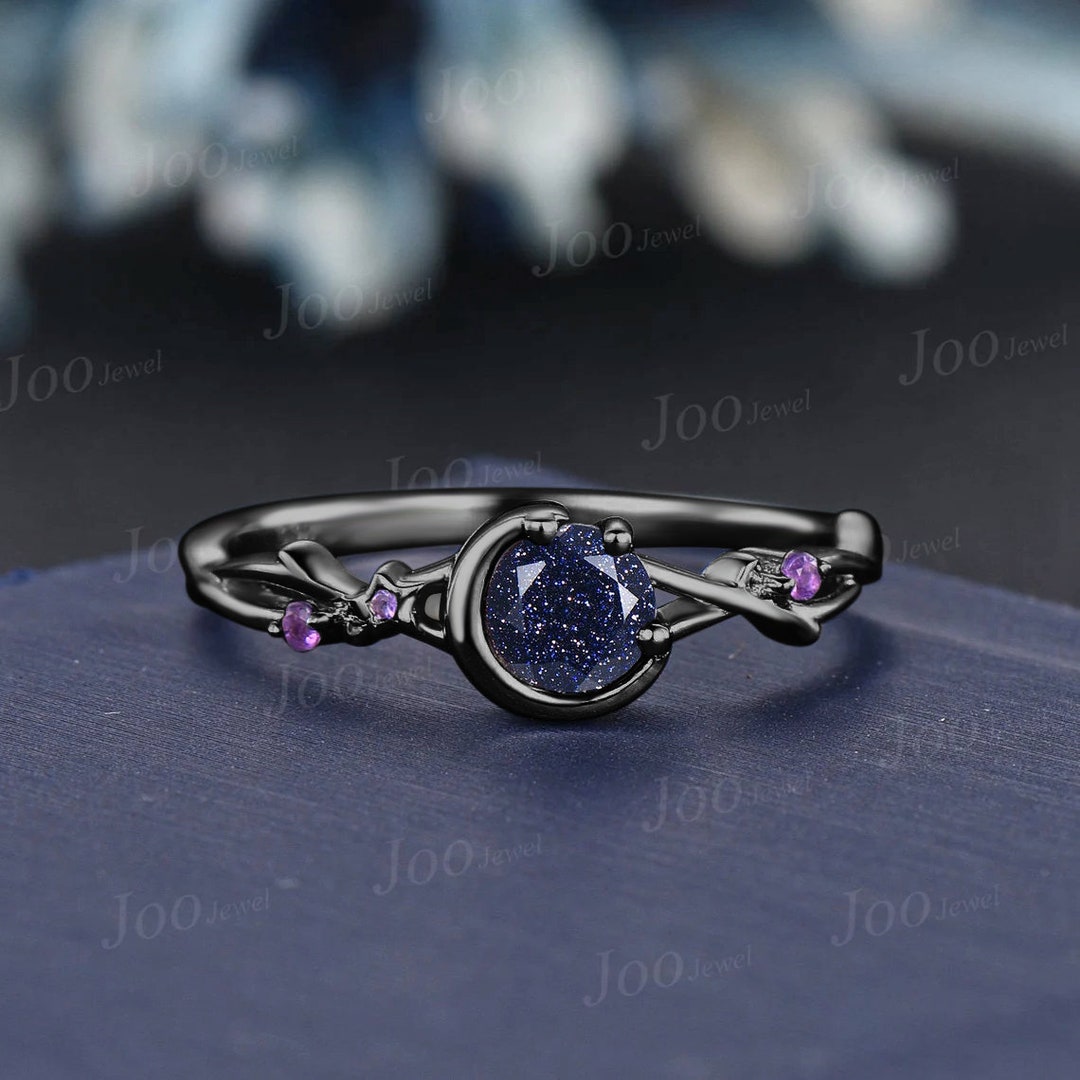 5mm Round Galaxy Blue Sandstone Ring Starry Sky Black Gold Moon Star ...