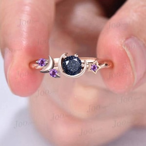 Round Cut Blue Sandstone Engagement Ring Starry Sky Moon Star Cluster ...