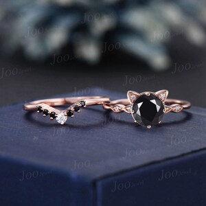 Cat Themed Engagement Ring Round Natural Black Onyx Wedding Ring Set ...
