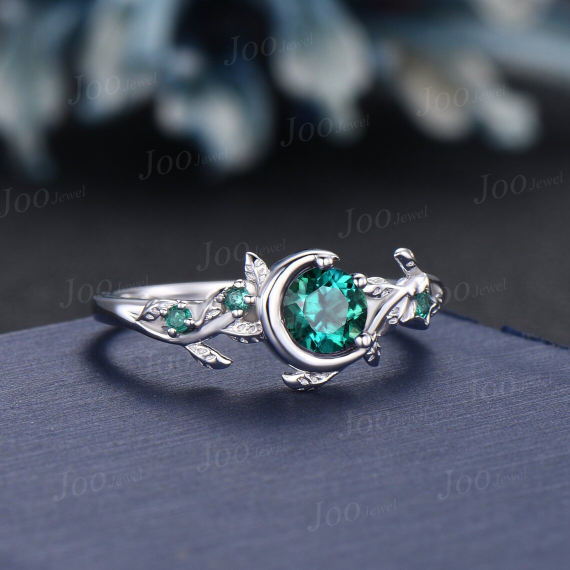 Moon Star Design Round Emerald Promise Ring 10K White Gold Nature ...