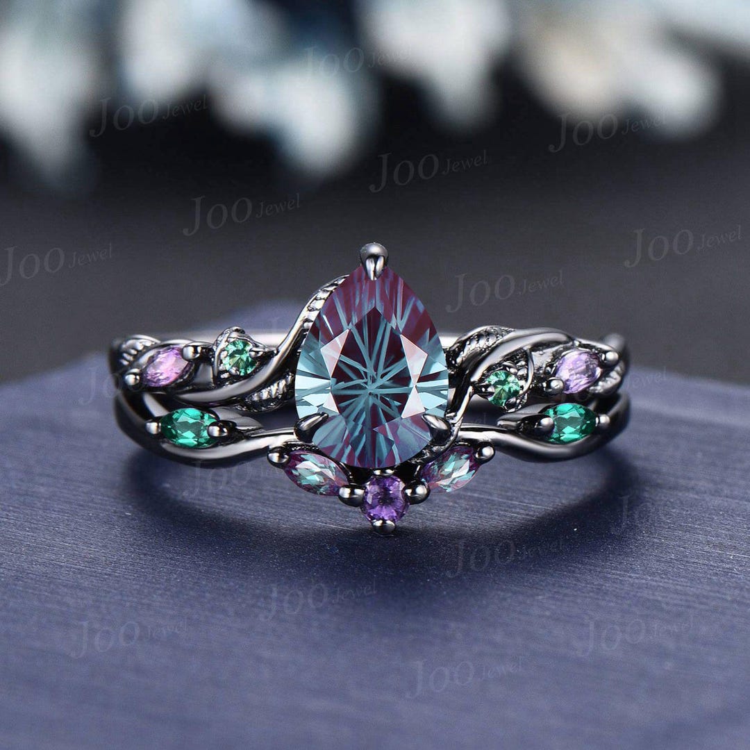 1.25CT Fireworks Cut Color-change Alexandrite Black Gold Wedding Ring ...