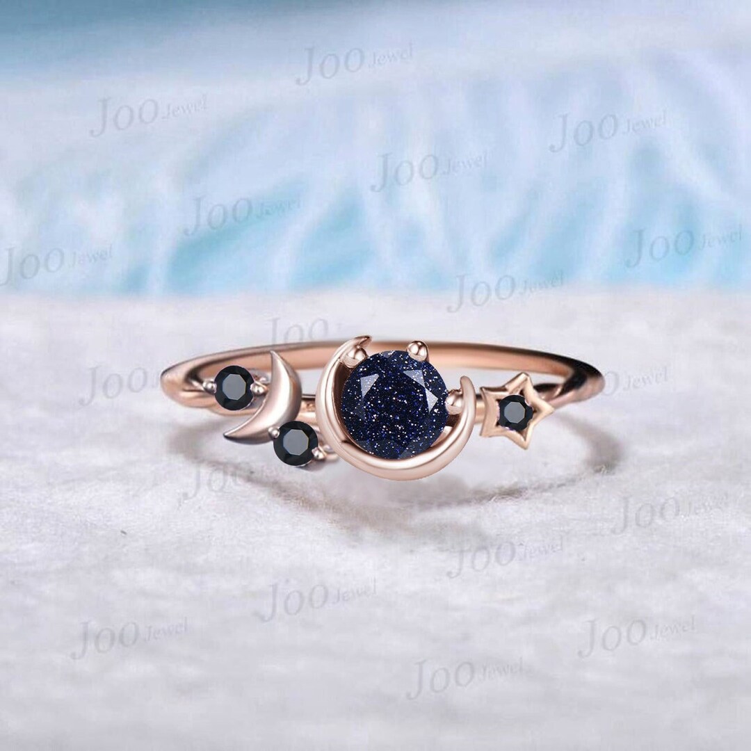 5mm Round Galaxy Blue Sandstone Engagement Ring Starry Sky Moon Star ...
