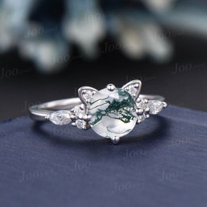 Cat Engagement Ring Silver Vintage 1.2ct Round Natural Moss Agate ...