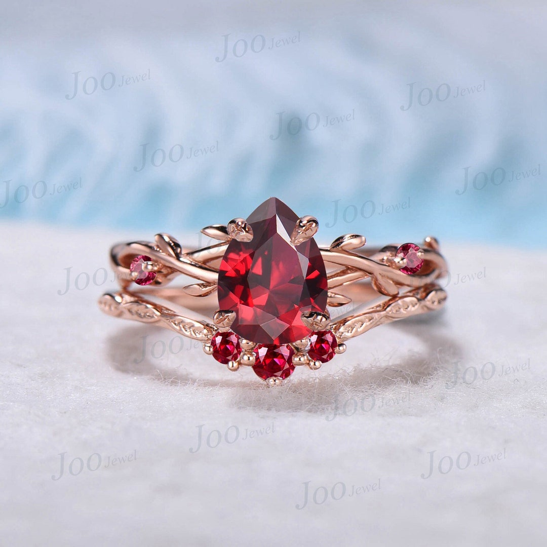 Nature Inspired Vine Twist Pear Red Ruby Ring Set Rose Gold Red ...