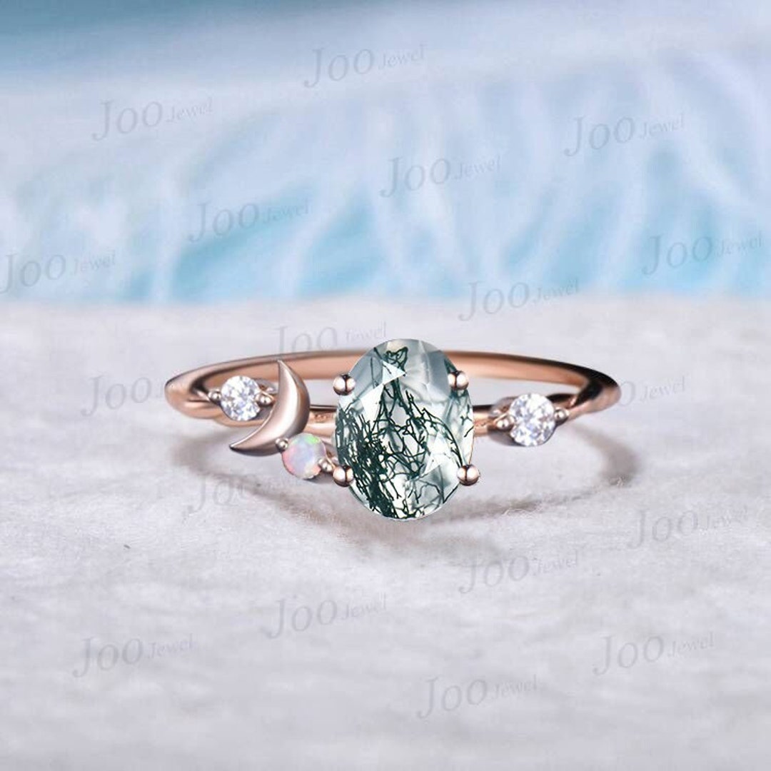 Moon Engagement Ring 10K Rose Gold Oval Cut Natural Moss Agate Ring ...