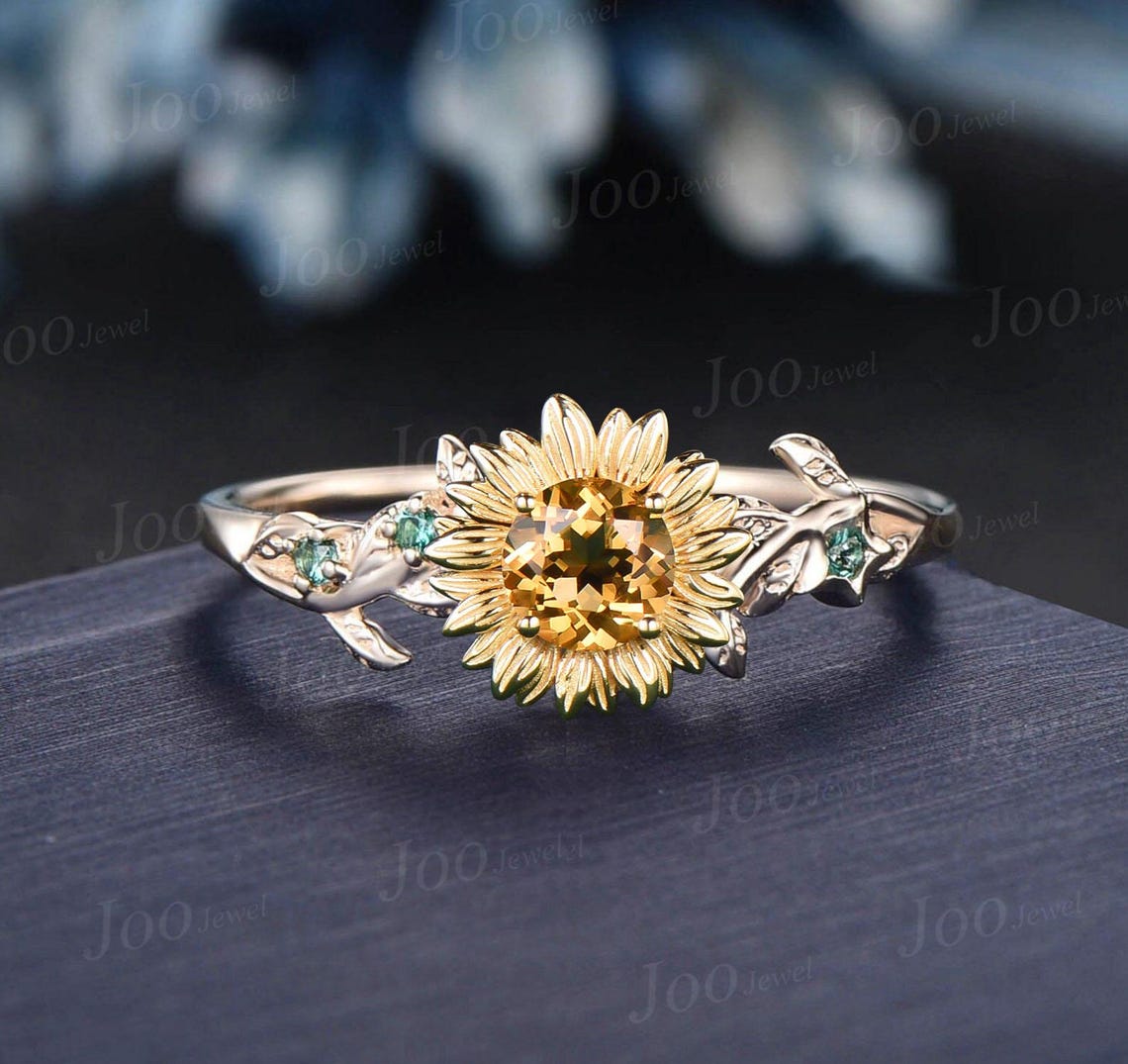 Sunflower Citrine Wedding Ring Solid 10K Gold Round Natural Citrine ...
