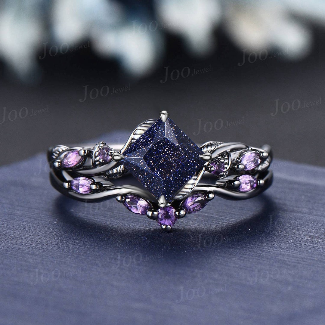 Princess Cut Blue Goldstone Ring Set Nature Inspired Galaxy Blue ...