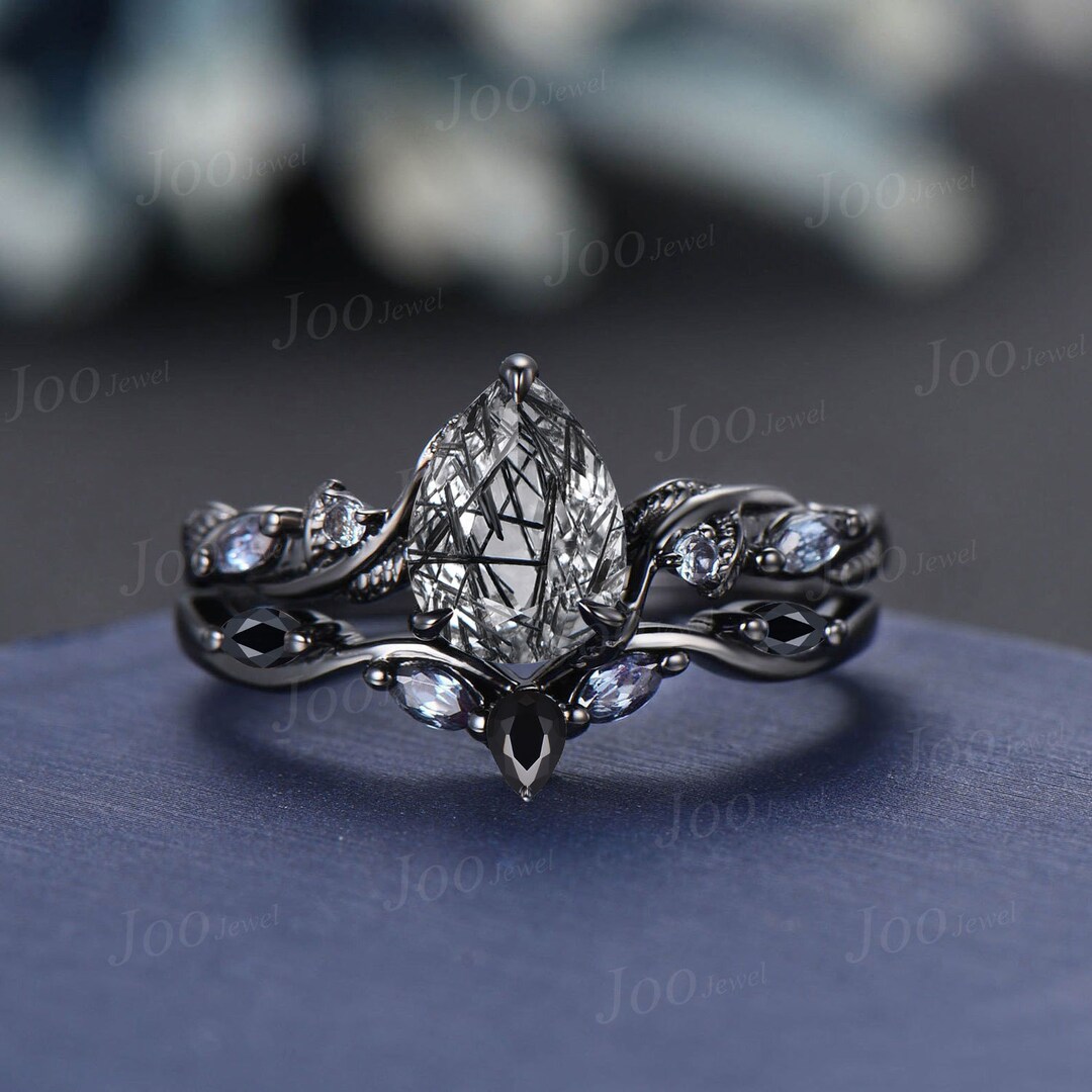 Twisted Twig Vine Natural Black Rutilated Quartz Alexandrite Ring Set ...