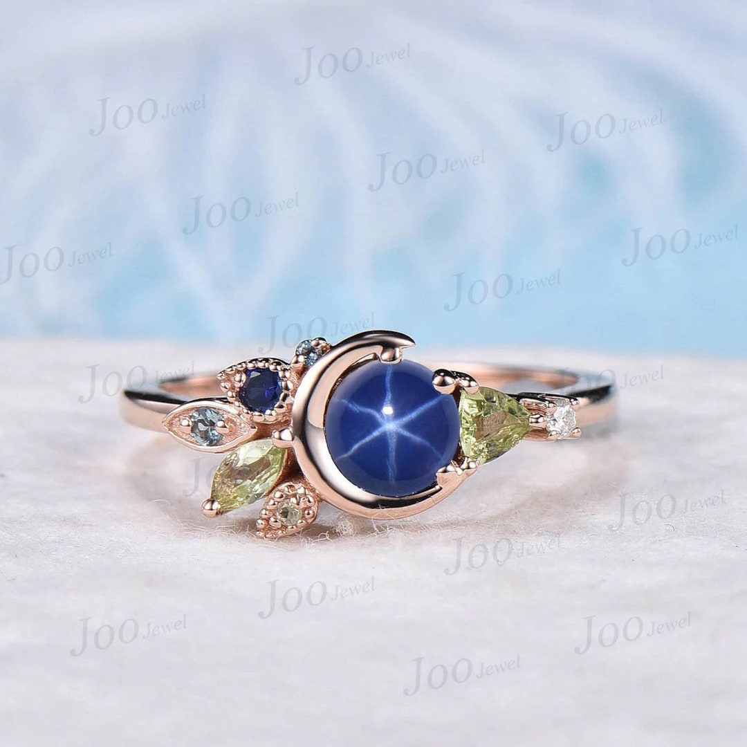 Round Star Sapphire Engagement Ring Moon Wedding Ring Personalized ...