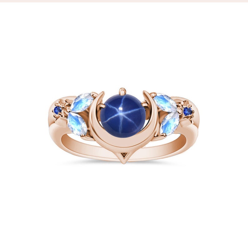 Unique Starry Sky Blue Star Sapphire Engagement Ring Star Moon Wedding ...